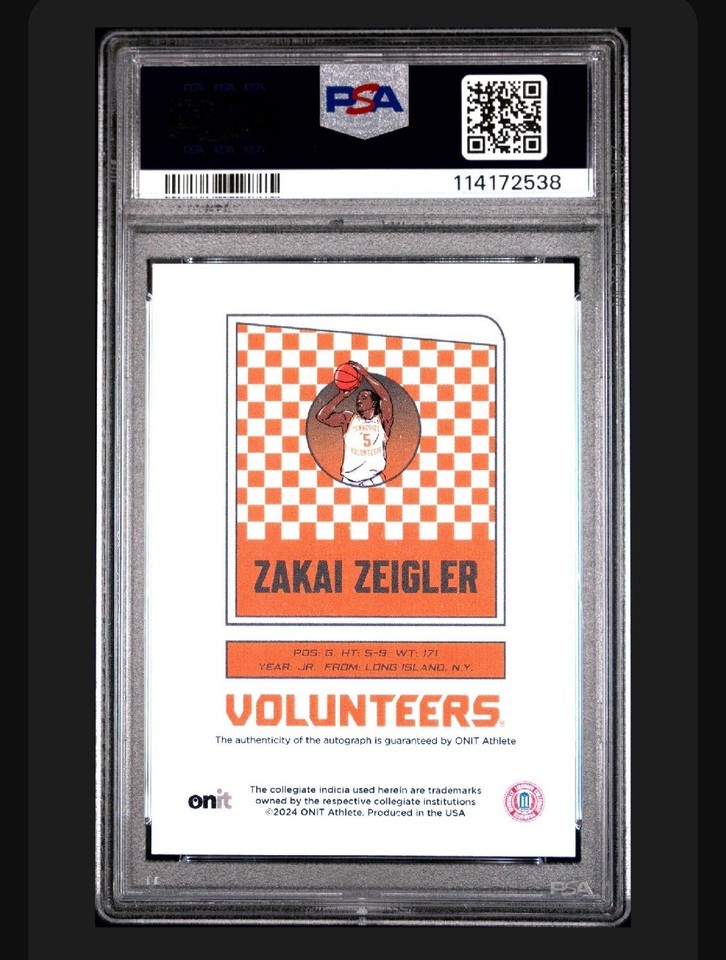 Zakai Zeigler 23-24 Onit Athlete Tennessee Icon Series Auto /143 PSA 10 ...
