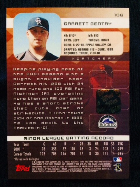 2002 Topps Finest #106 Garett Garrett Gentry Rookie RC Auto Autograph ...