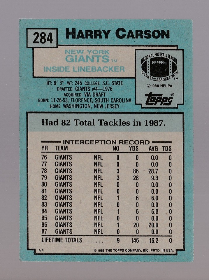 HARRY CARSON 1988 Topps Football NEW YORK GIANTS Football Card #284 | eBay