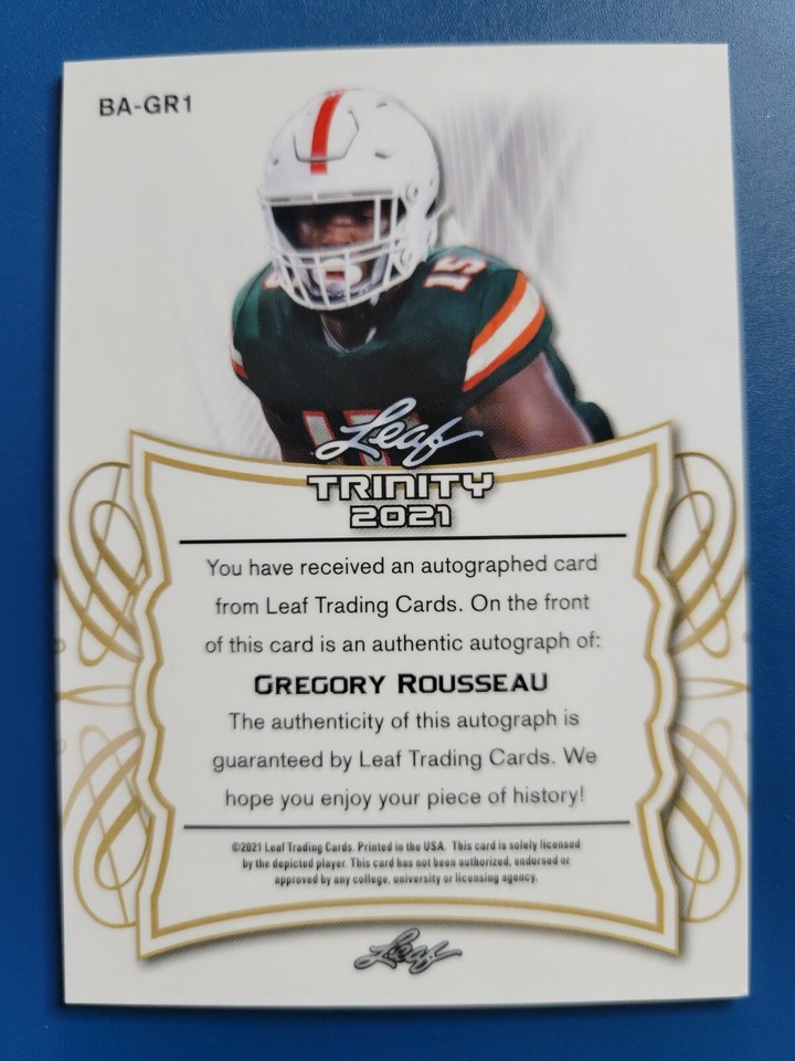 Gregory Rousseau 2020 LEAF TRINITY SIGNATURES PLATINUM RC AUTO #D /50 ...