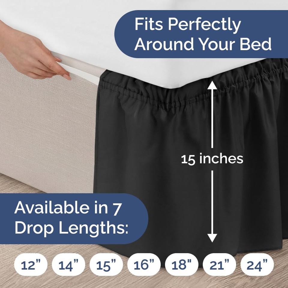 Wrap Around Dust Ruffle Bed Skirt - Black - for Full Size Beds with 15 ...