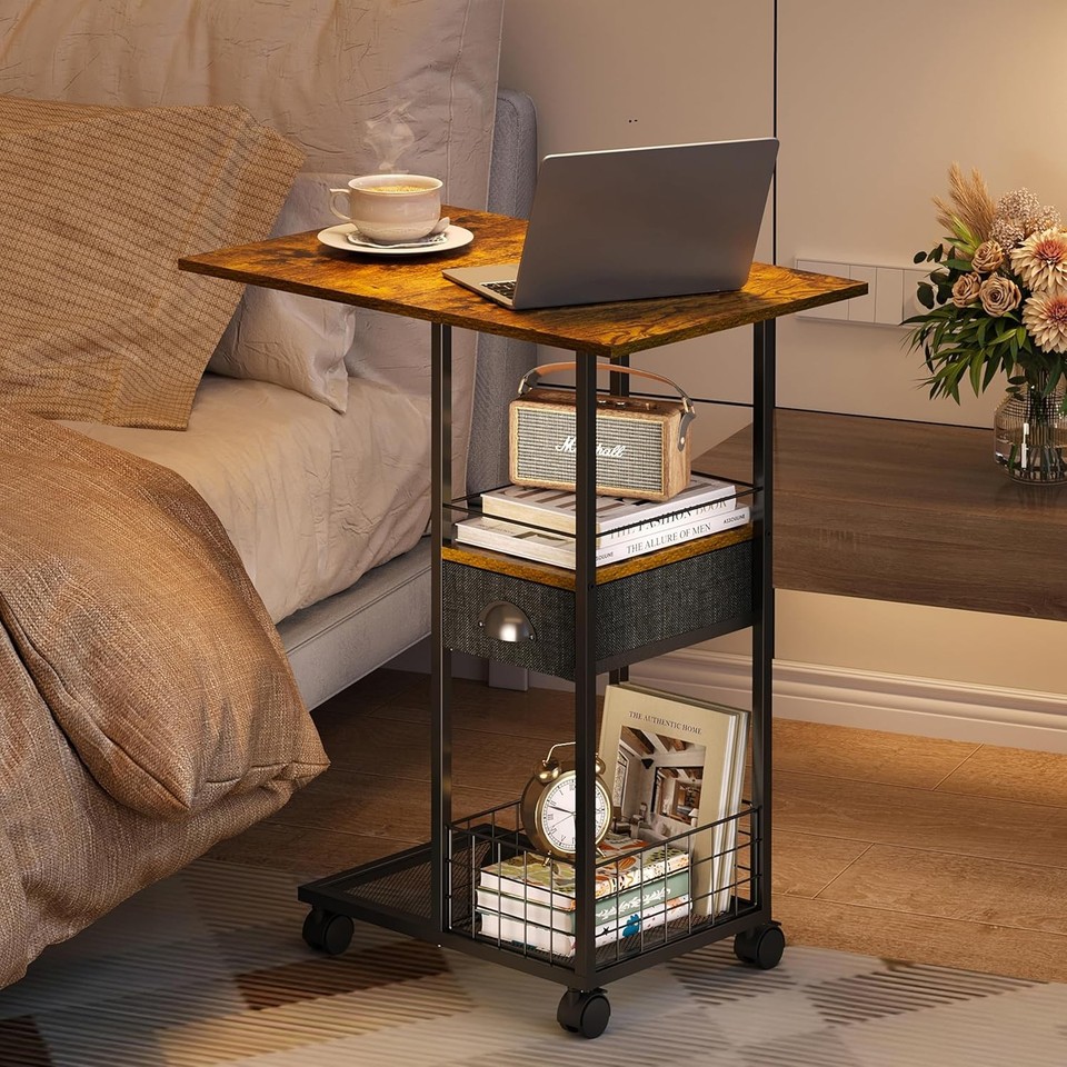 Rolling C-Shaped Side Table with Wheels and Oversized Wood Top, Mobile ...