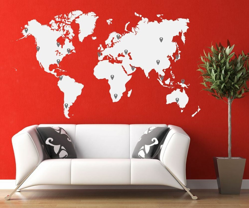 World Map Vinyl Wall Decal Sticker. Includes Location Pins. Office Wall ...