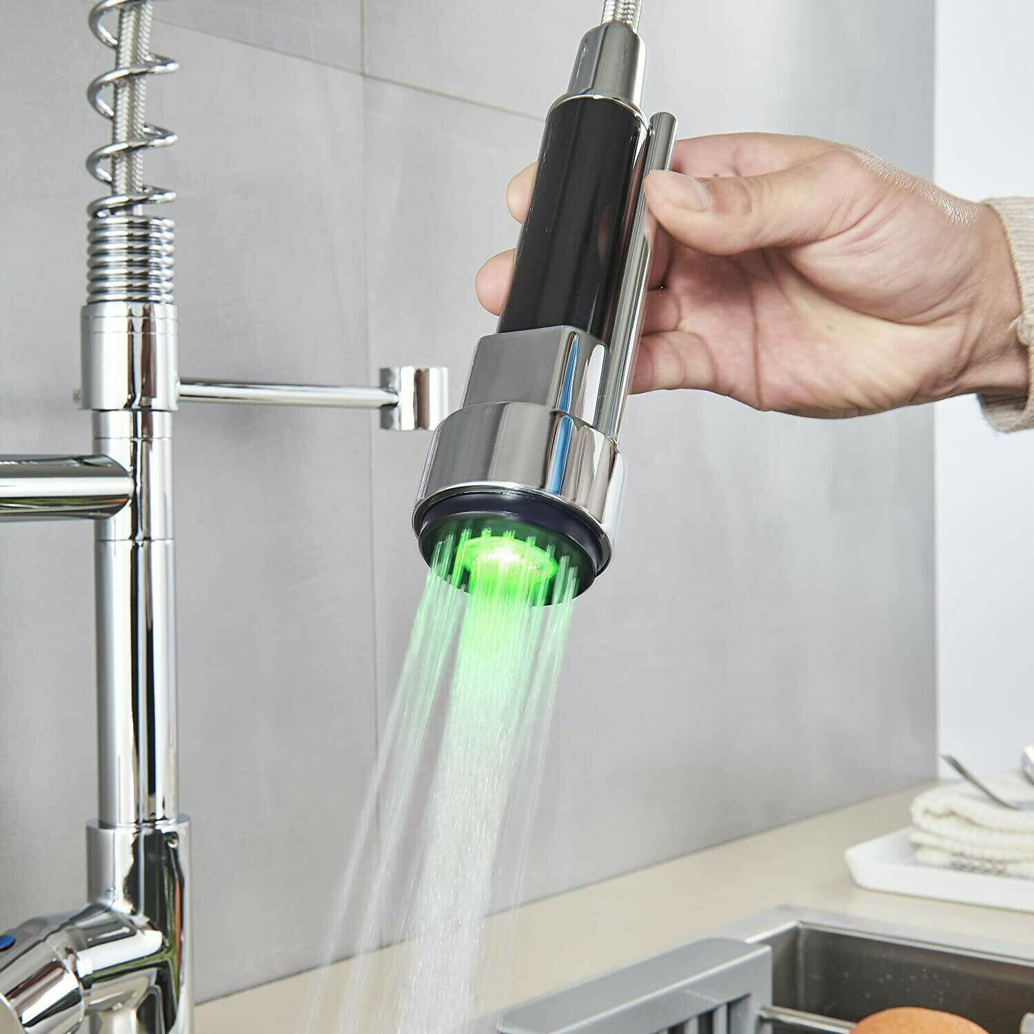 Commercial LED Kitchen Sink Spring Faucet Pull Down Sprayer Stainless ...