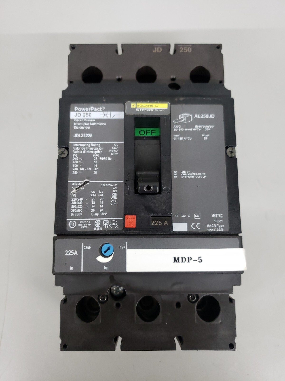 1- SQUARE D JDL36225 CIRCUIT BREAKER POWERPACT 225 AMP 600V 3 POLE USED ...