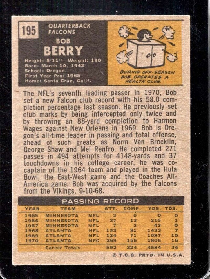 1971 TOPPS #195 BOB BERRY VGEX (WAX) FALCONS NICELY CENTERED *XR29789 ...