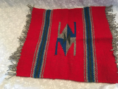 hand woven wool table top piece. Red, gray, blue. Fringe edges. | eBay