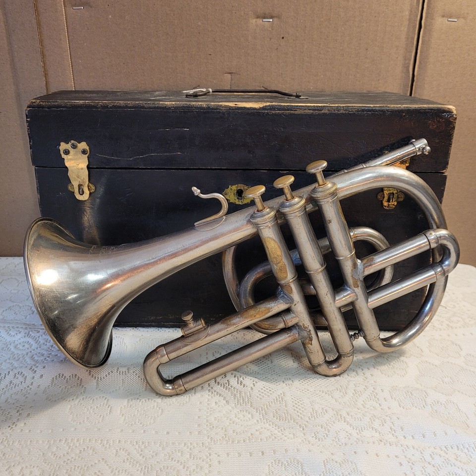 Antique Civil War Cornopean Horn Cornet and Wooden Coffin Case | eBay