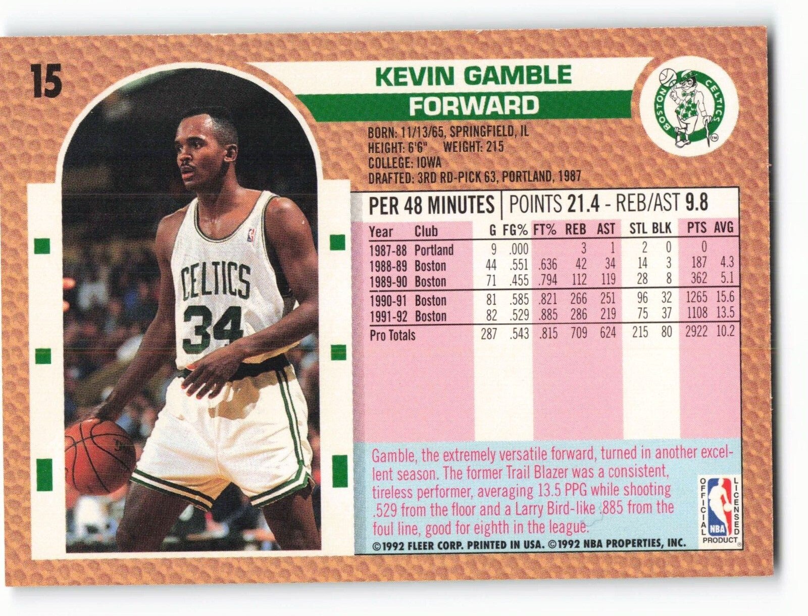 1992-93 FLEER Basketball Trading NM/M Card #15 - KEVIN GAMBLE, Boston ...