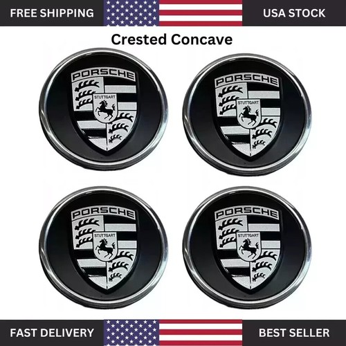 Pack of 4 Porsche Crest logo Concave Wheel Center Cap Set in Silver ...