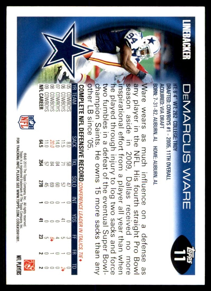 DeMarcus Ware 2010 Topps #11 Dallas Cowboys NFL READ FREE SHIPPING ...