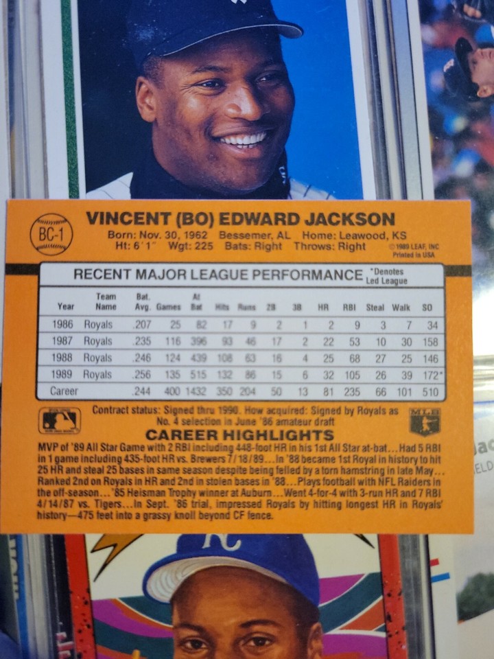 1990 Donruss Royals MLB MVP Double Error BC-1 Bo Jackson Card No Period ...
