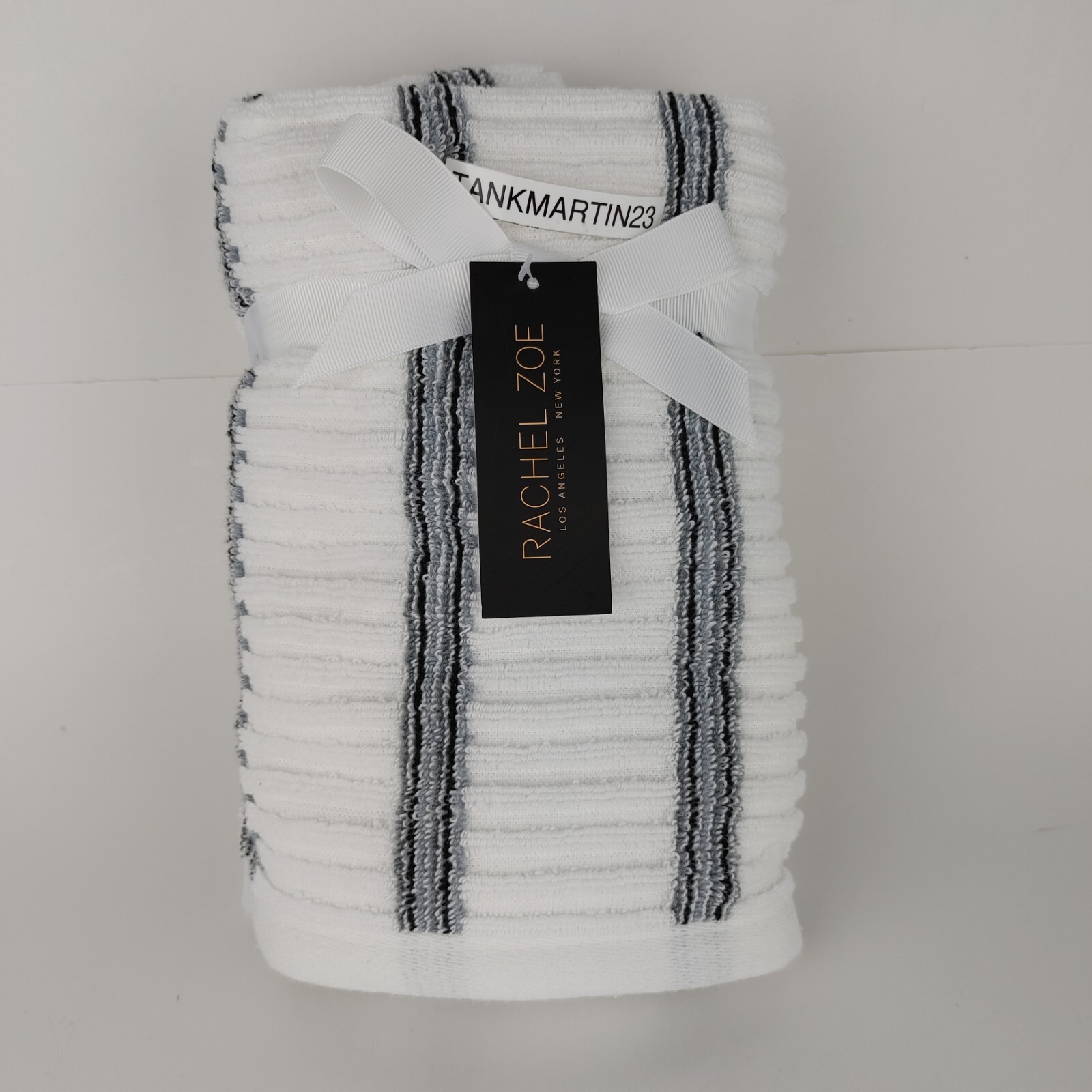 Set of 2 Bathroom Hand Towels Rachel Zoe Striped 100% Cotton Black Gray ...