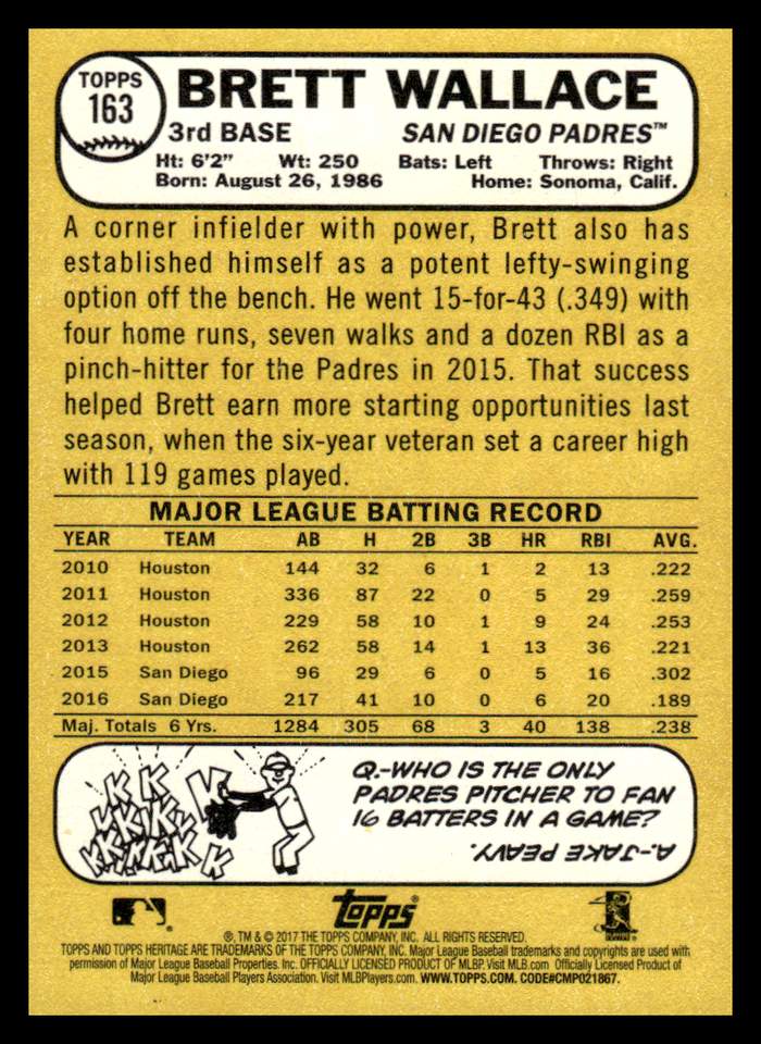 2017 Topps Heritage #163 Brett Wallace San Diego Padres | eBay