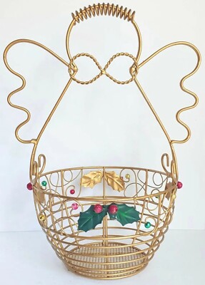 Vintage Christmas Angel Basket Gift Basket Gold Metal Shaped Figural ...