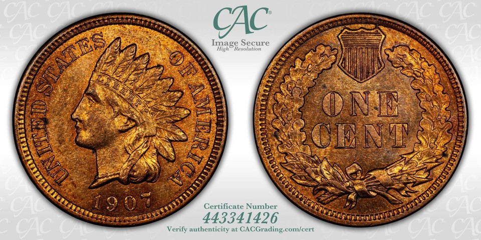 1907 1C Indian Cent MS 62, CAC Approved Full Red! | eBay