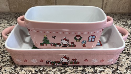 Set Of 2 Hello Kitty Xmas Santa Holiday Pink Ceramic ZRike Loaf Pan ...