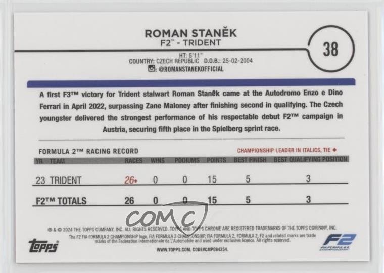 2024 Topps Chrome Formula 1 Orange & Red Refractor Roman Stanek Staněk ...