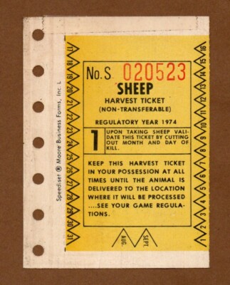 Sheep Harvest Ticket, 1974 Alaska Fish & Game, Hunting, Vintage 1970s ...