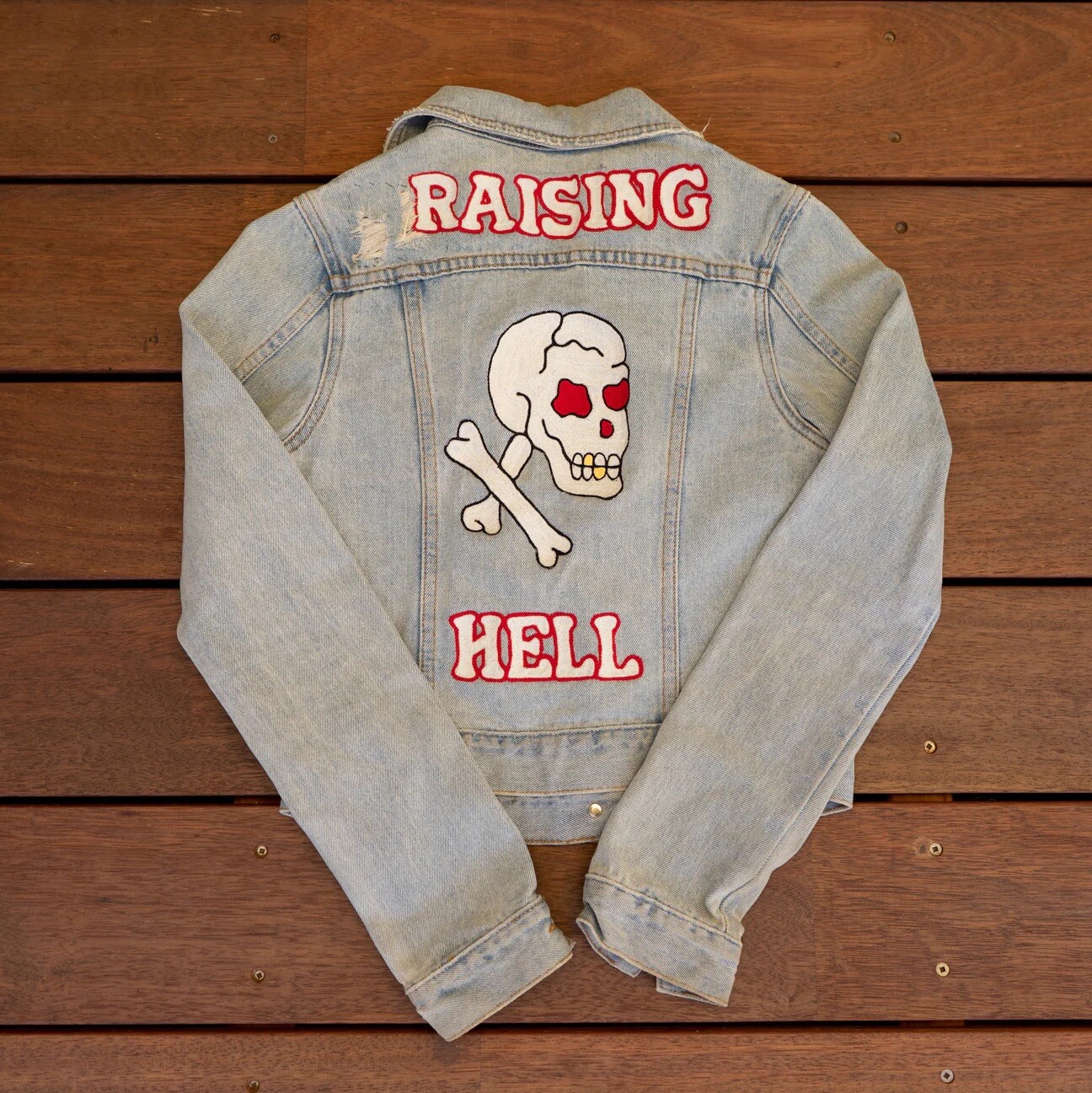 Raising hell denim jacket with chainstitch embroidery… - Gem