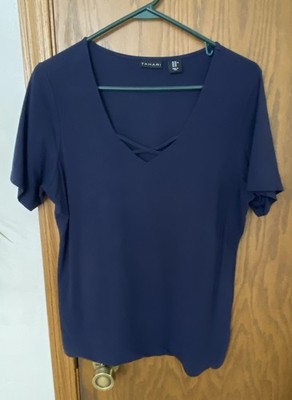 Women’s, Tahari, XL, Navy Blue, Cross Cross Front, Short Sleeve Shirt ...