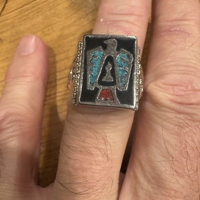 Vintage DS Bikers Ring Size 11 Thunderbird With Turquoise, Onyx &red ...