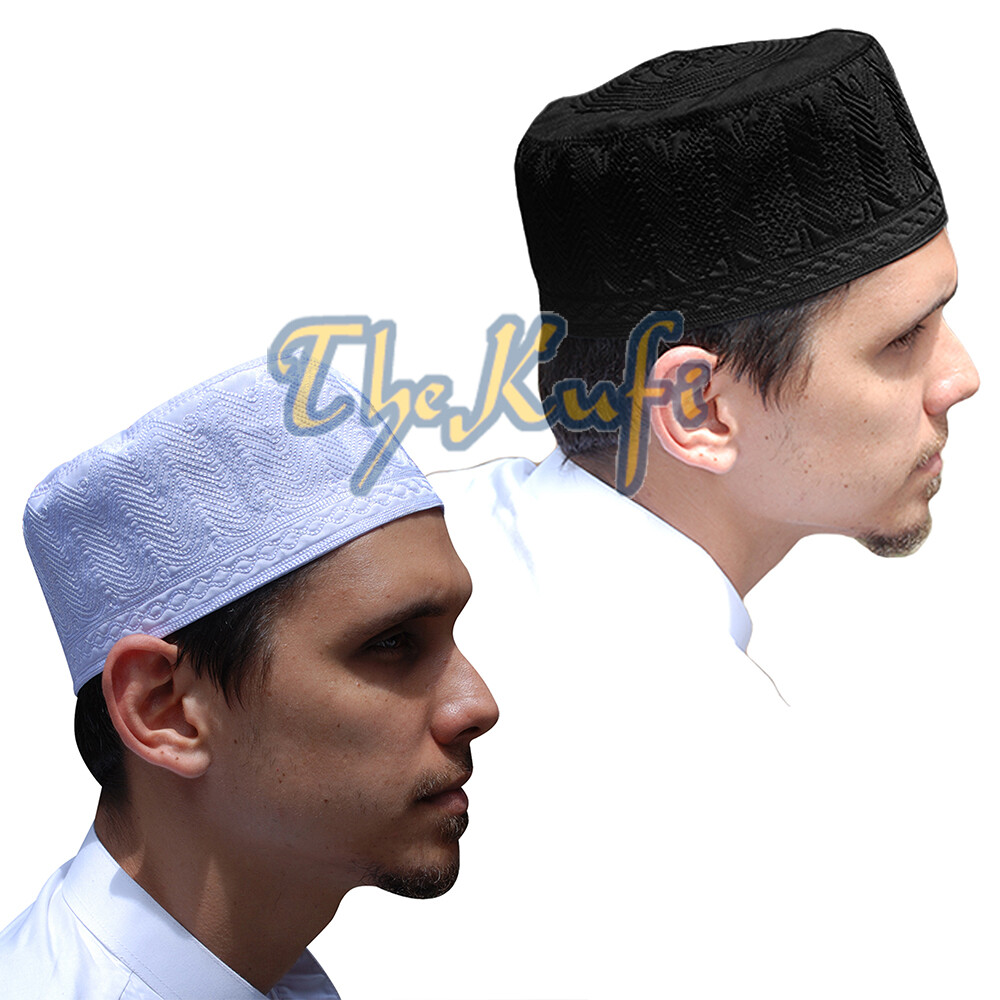 SET of White Black Muslim Kufi Hat Tall Madinah Embroidered Islamic ...