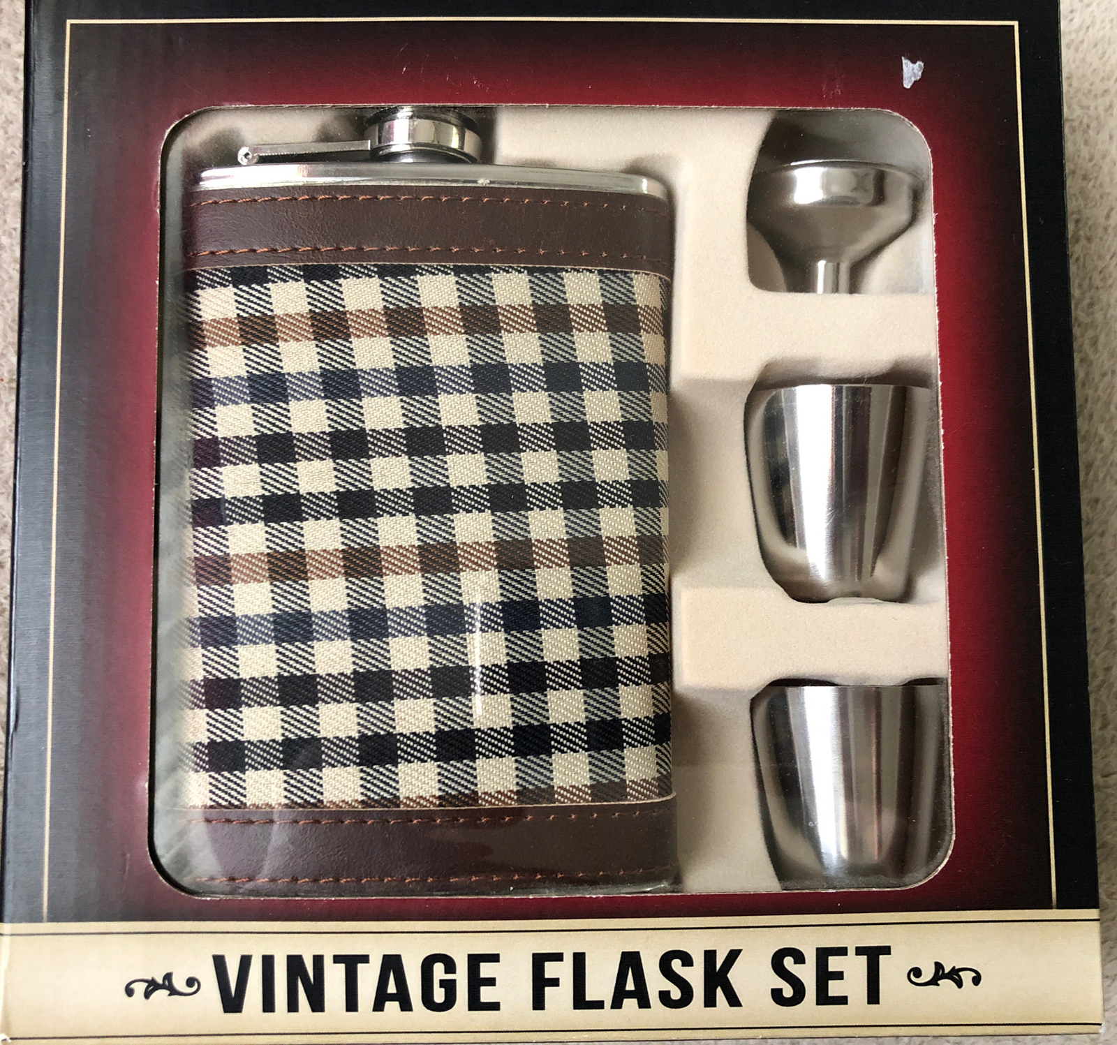 Vintage Flask Set Plaid Stainless Steel 8 oz Flask With Shot Cups | eBay