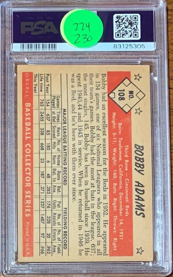 1953 Bowman Color Baseball #108 Bobby Adams Cincinnati Reds PSA 3 Nice ...