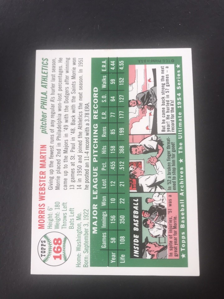 1994 TOPPS -1954 TOPPS ARCHIVE REPRINTS # 168 MORRIE MARTIN - PHILA A'S ...