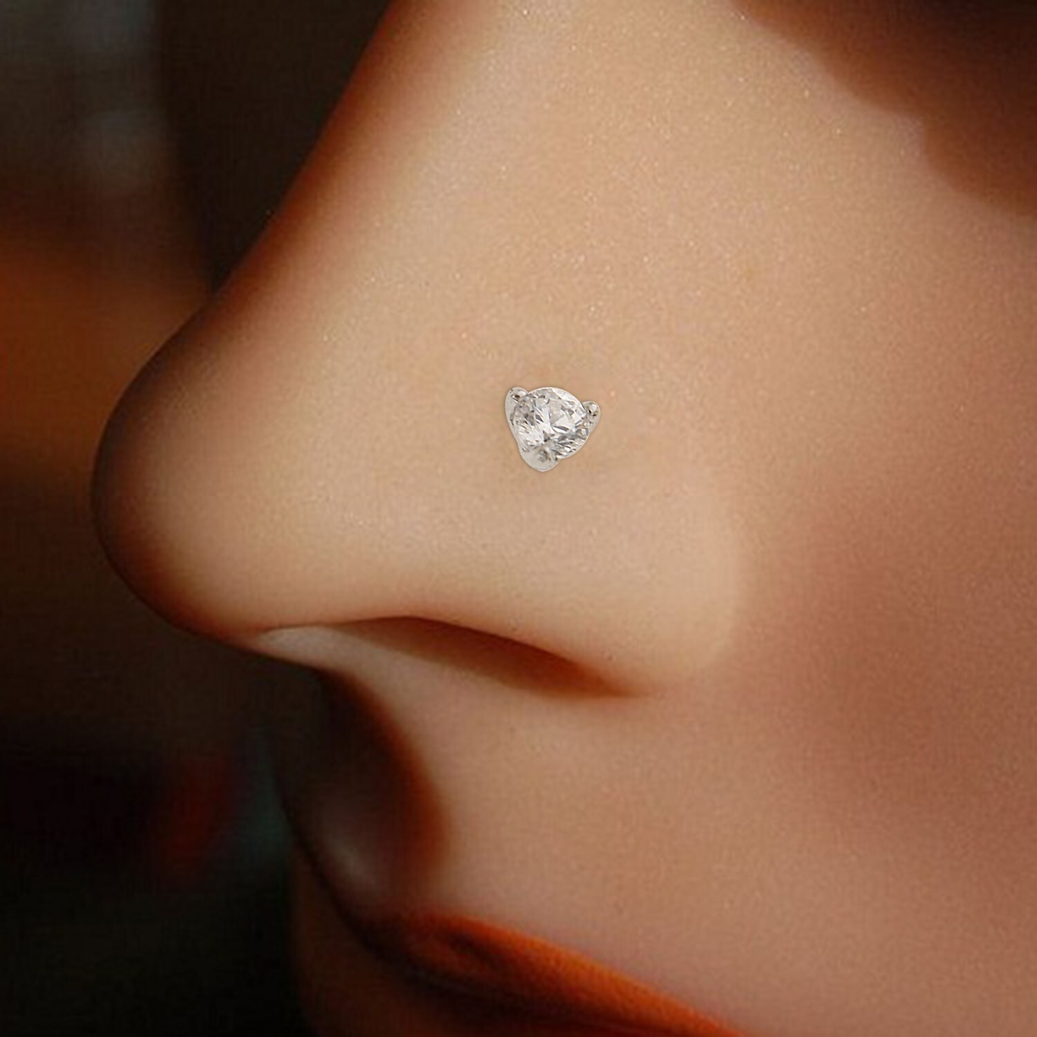 Delicate 0.06 CT Round Cut CZ Solitaire Nose Stud Ring Piercing Pin ...