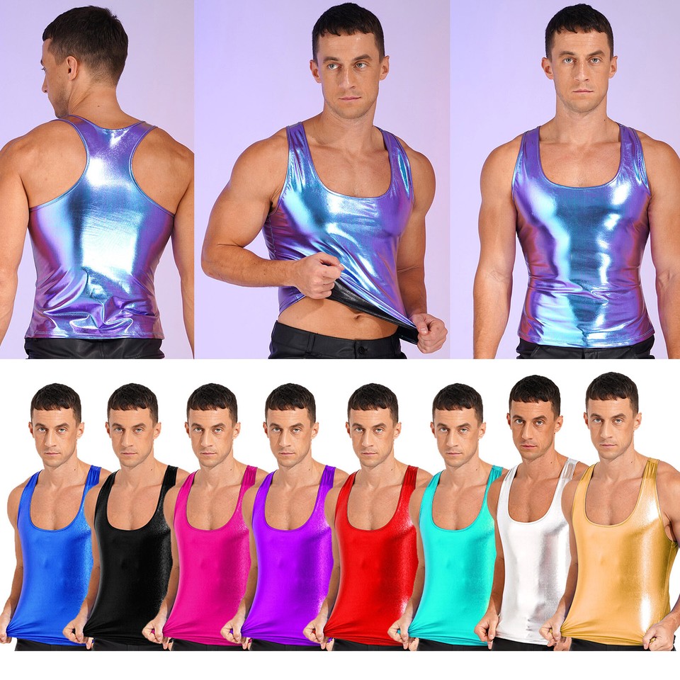 Men Shiny Metallic Sleeveless Muscle Tank Top Faux Leather Vest Tops ...