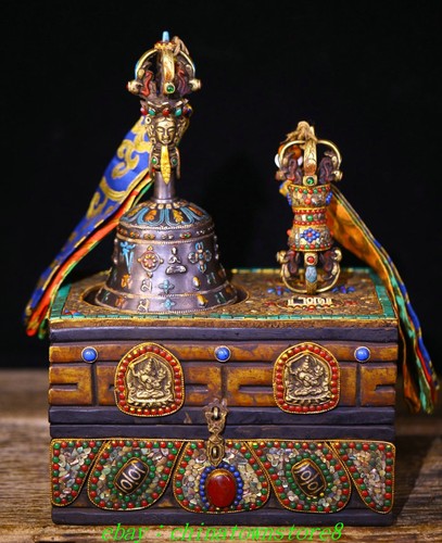 12" Tibet Buddhism Bronze Painting Gem Dorje Vajra Bell & Holder Box ...