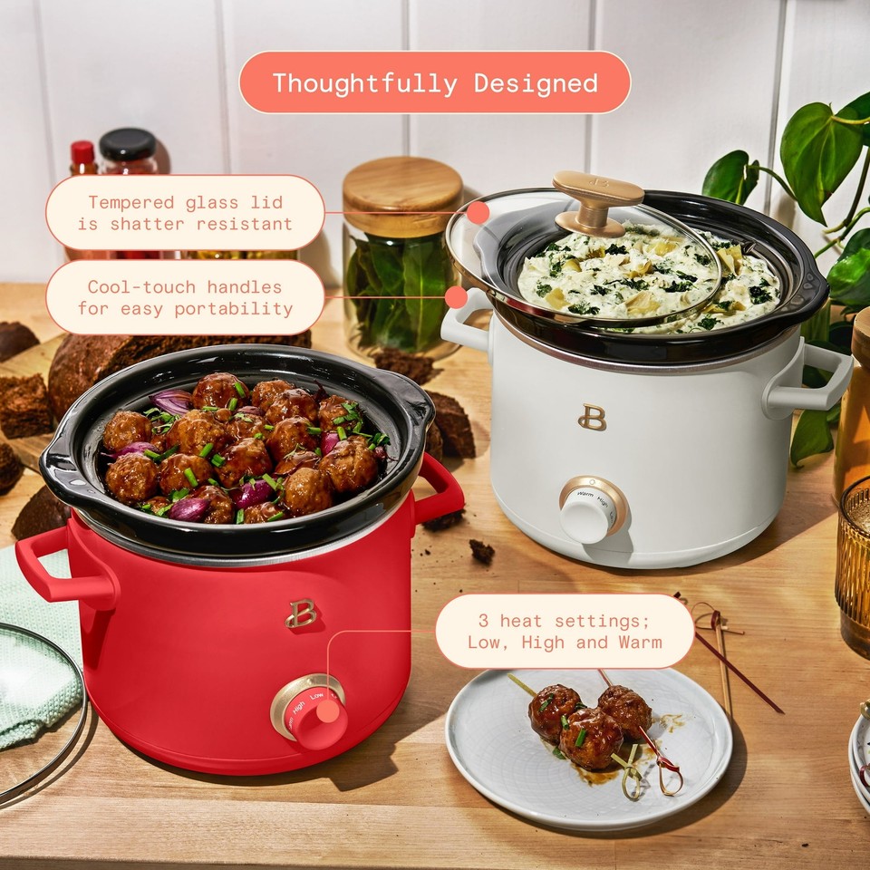 Beautiful 29139 2 Qt Manual Slow Cooker, 2-Pack, Tomato Red + White ...