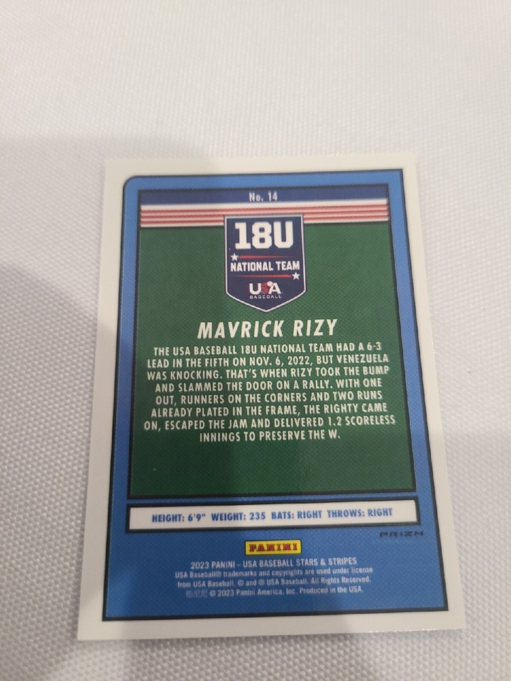 Mavrick Rizy 2023 Panini Stars & Stripes USA Baseball Stripes Parallel ...