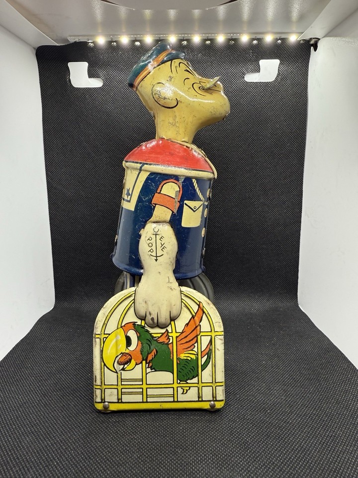 Vintage Louis Marx & Co. tin wind-up Popeye walking toy with parrot ...