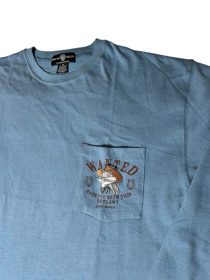 VTG Bugs Bunny Warner Bros WANTED Long Sleeve T-Shirt Size M Blue Wild ...