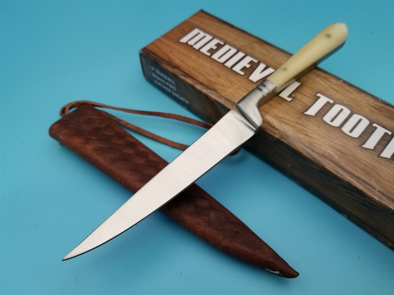 Full tang Fixed Blade Medieval Toothpick Knife w Bone Handle Leather ...