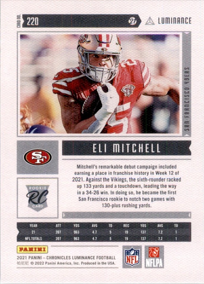2021 Panini Chronicles Luminance Eli Mitchell Rookie San Francisco 49ers #220 | eBay