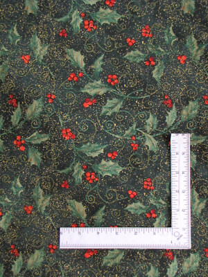 Christmas Holly Scroll Fabric 21" Length Green Gold Accents Cotton by ...
