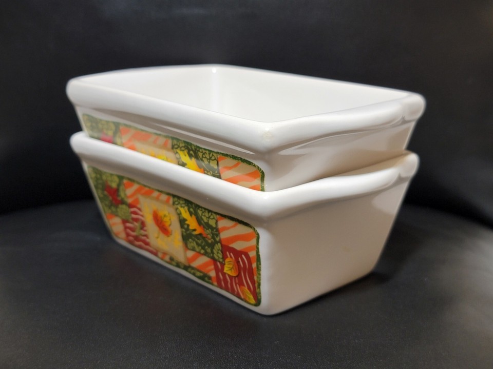 Vintage Set of 2 Quilt Fall Theme Ceramic Mini Bread Loaf Pan ...
