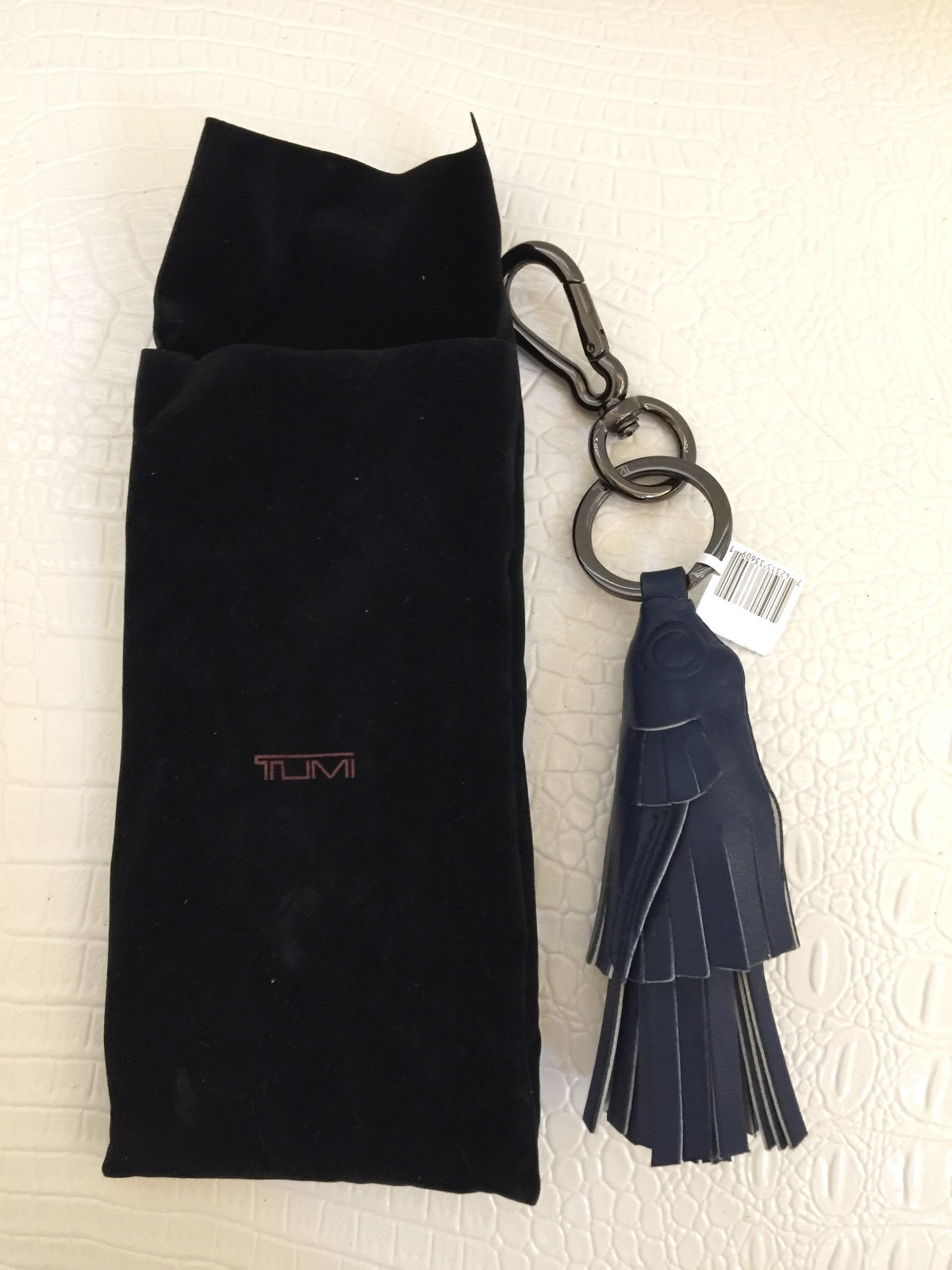 TUMI Keychain KEY Fob Ring Fringe FISH Blue Leather Leash Clip 7x2 ...