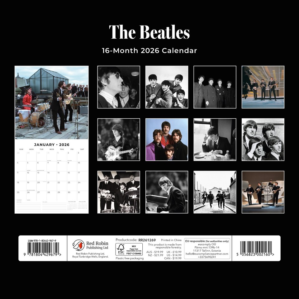 Red Robin 2026 The Beatles Monthly Wall Calendar, 12" x 24", Hangable ...