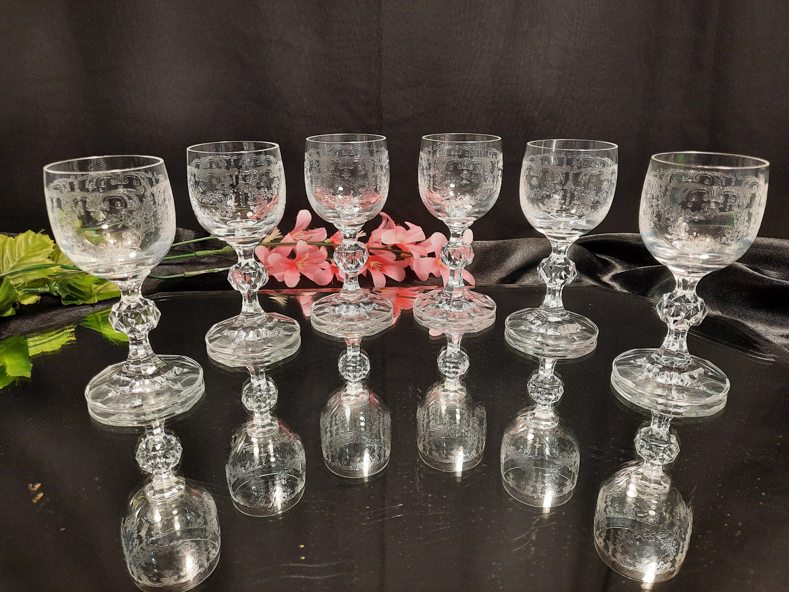 6 CASCADE Needle Etched Crystal 4 1/4" Cordial Aperitif Sherry Cognac ...