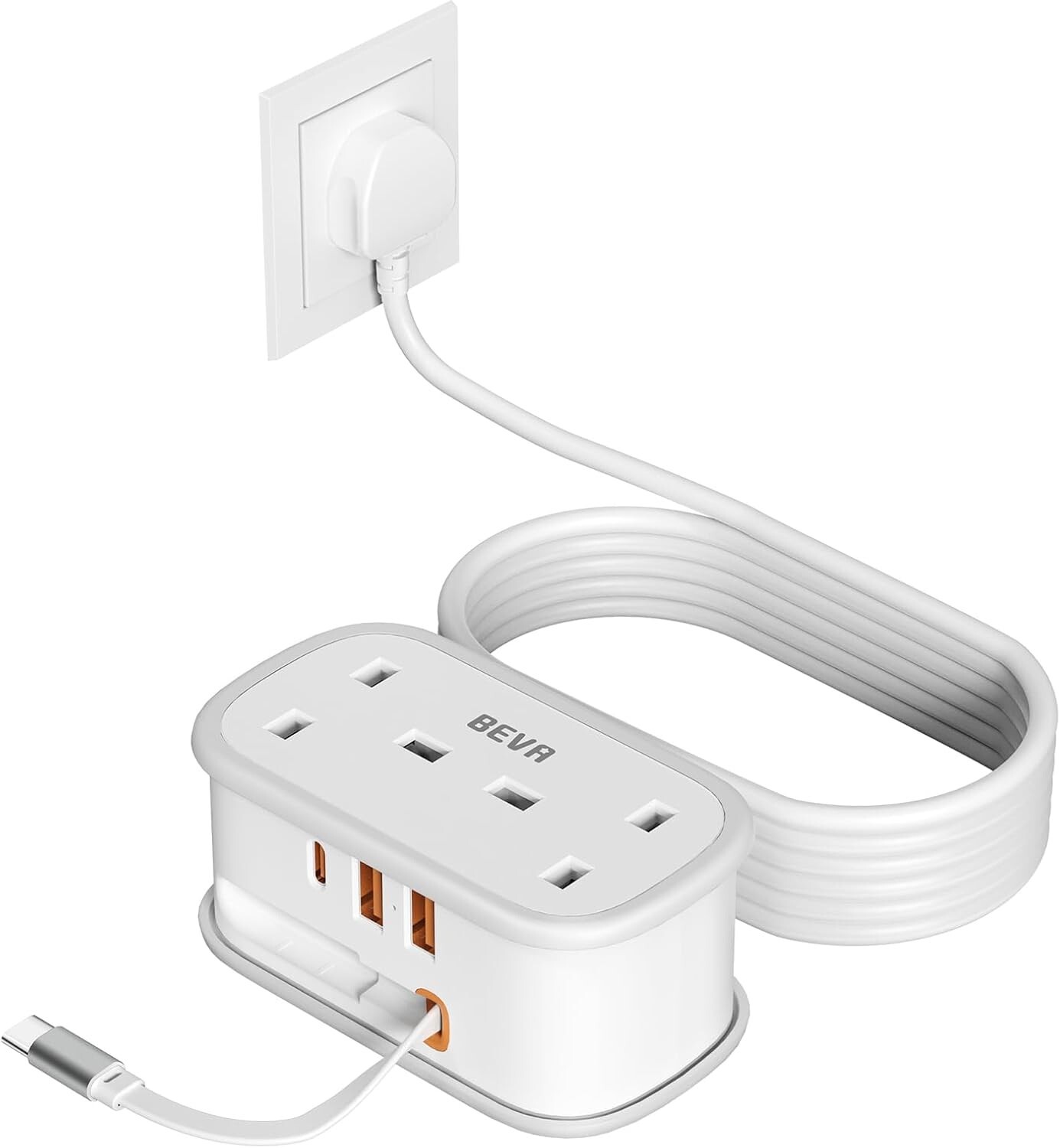 Travel Extension Lead 2 Way Power Socket with 3 USB Ports (1 USB C) 1 ...