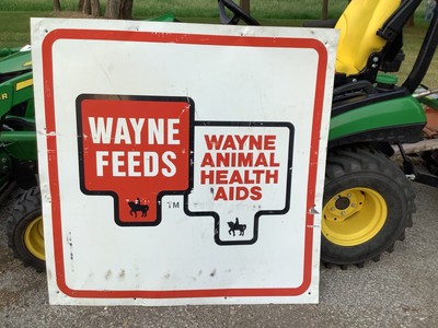 Vintage 4’ X 4’ Aluminum Sign. “WAYNE FEEDS WAYNE ANIMAL HEALTH AIDS ...