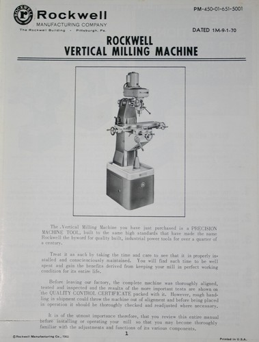ROCKWELL Vertical Mill Machine Owner Operator Parts Manual ORIGINAL | eBay