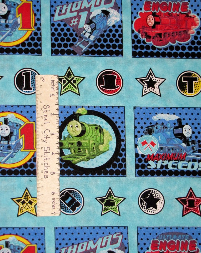 Train Fabric Locomotive Railroad Motif Aqua Blue Block Cotton Fabric By ...