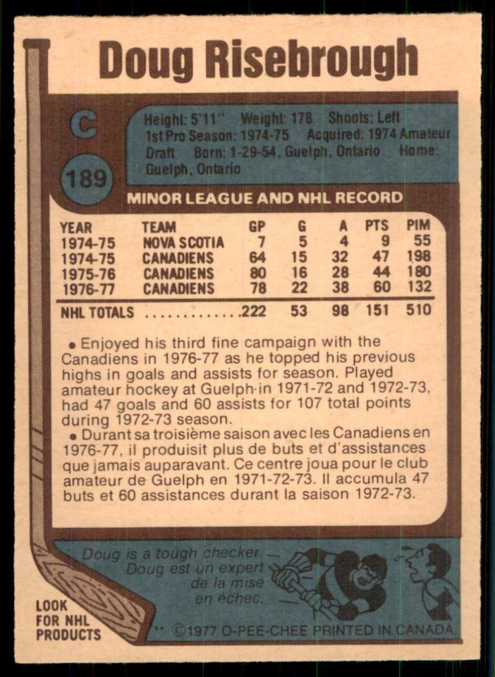 1977-78 O-Pee-Chee Doug Risebrough Montreal Canadiens #189 | eBay
