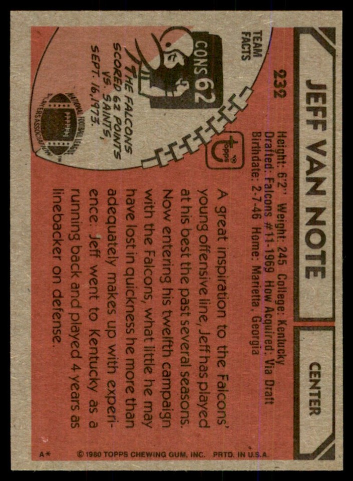 1980 Topps #232 Jeff Van Note x604ZN | eBay